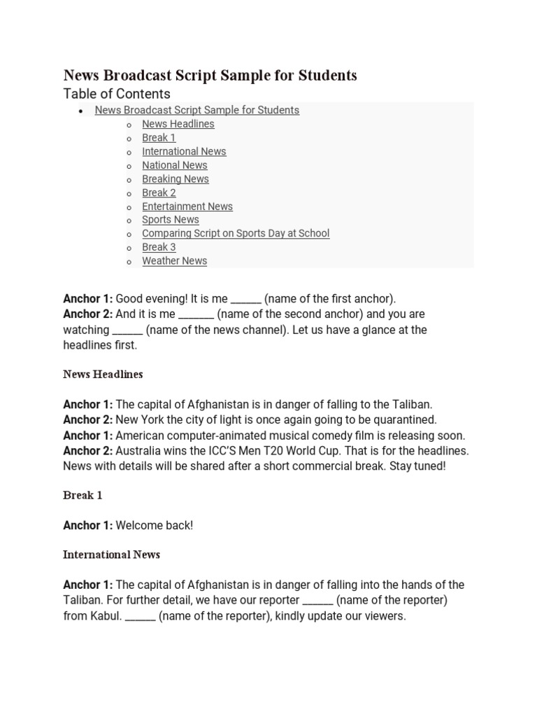 Reading Activity - News Broadcast Script Sample For Students | PDF ...