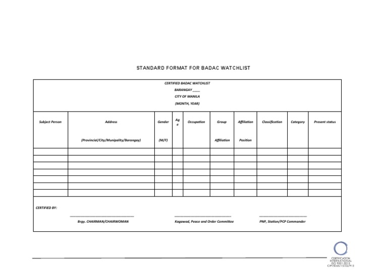 Standard Format For Badac Watchlist | PDF