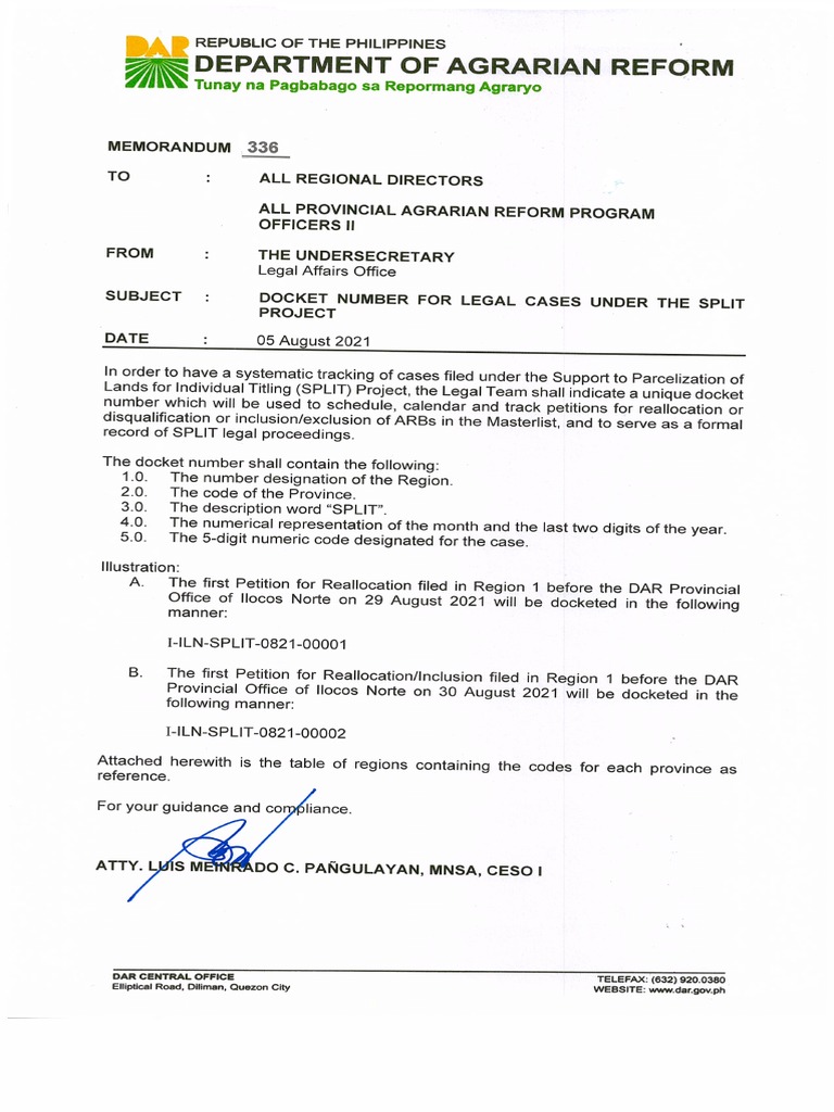 Memo 336 Docket Number For Legal Cases Under The Split Project | PDF
