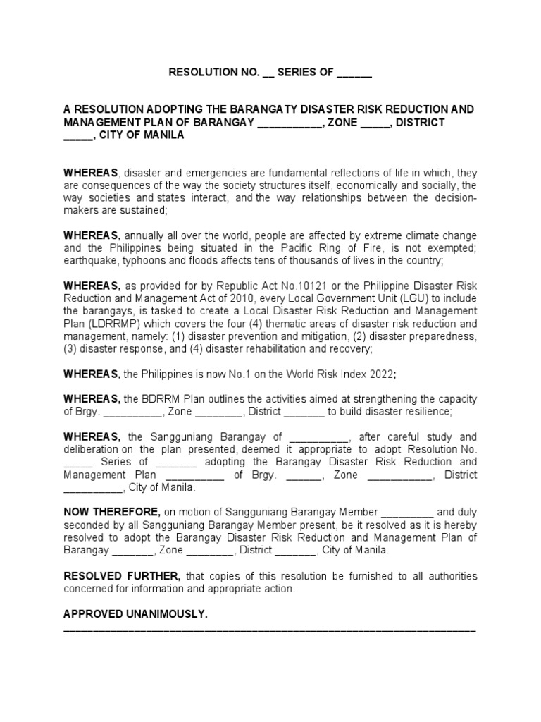 SB Resolution Adopting The BDRRM Plan | PDF | Disaster Risk Reduction ...