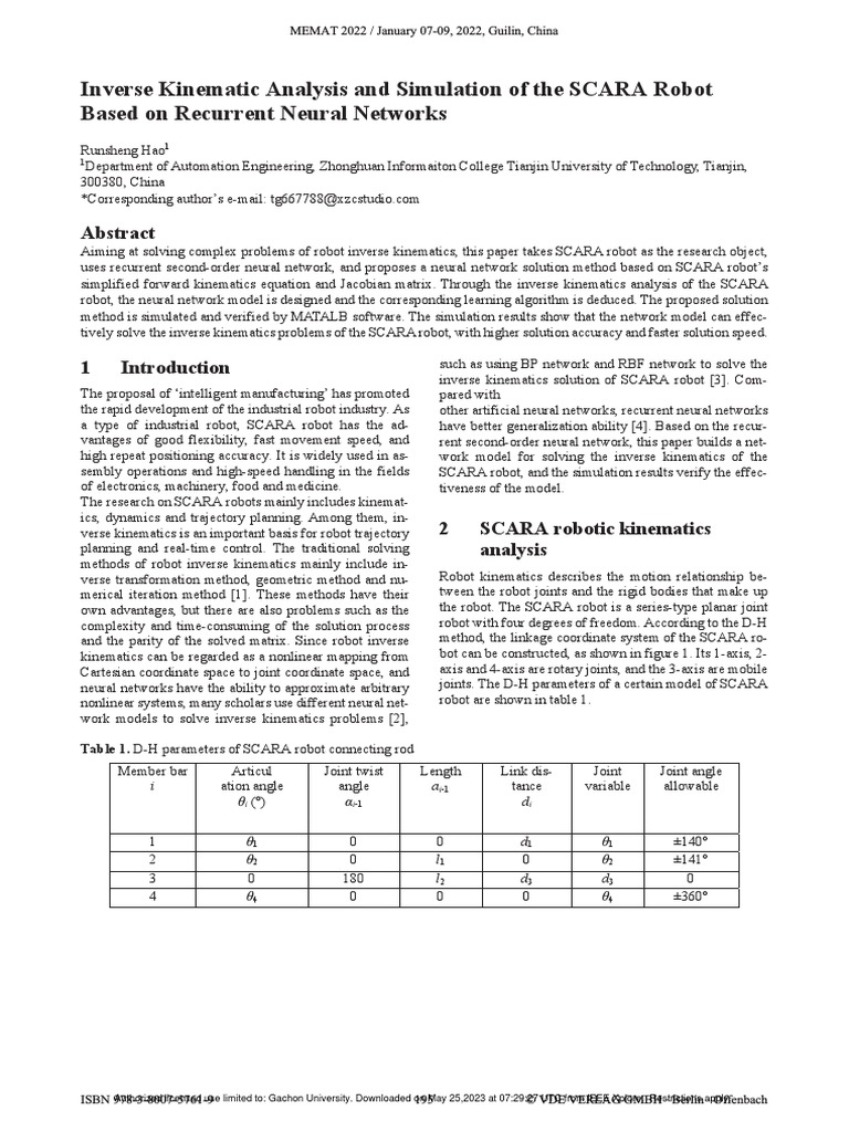 Inverse Kinematic Analysis and Simulation of The SCARA Robot Based On Recurrent Neural Networks ...