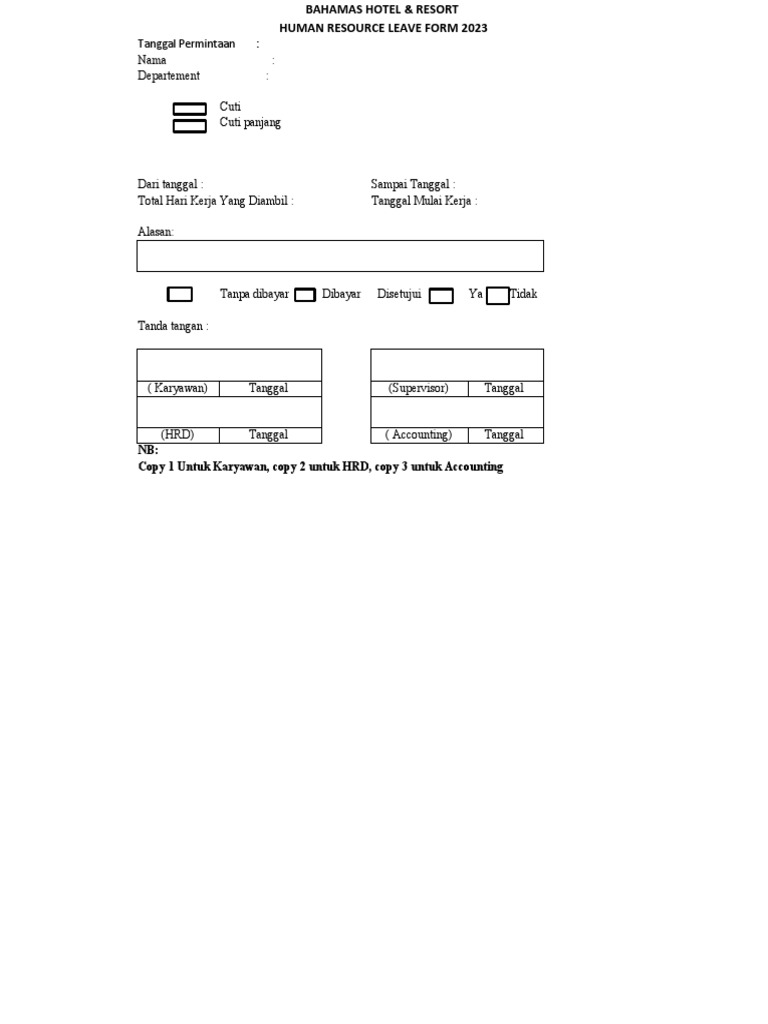 Bahamas Hotel Leave Form 2023 | PDF