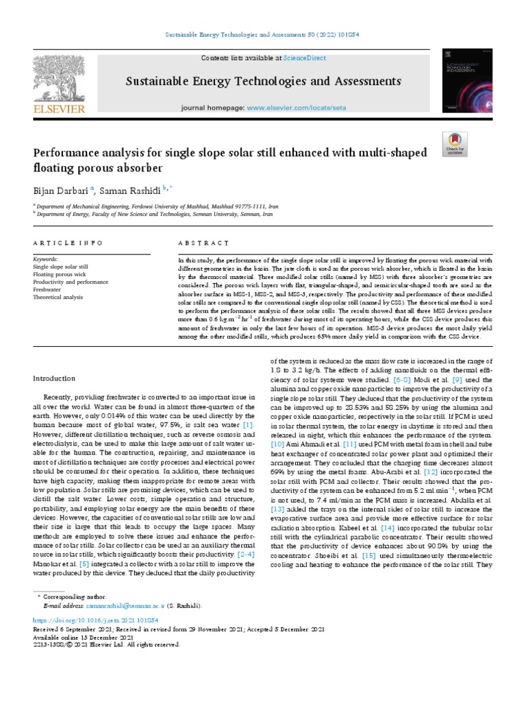 Performance Analysis For Single Slope Solar Still Enhanced With Multi Shaped Floating Porous