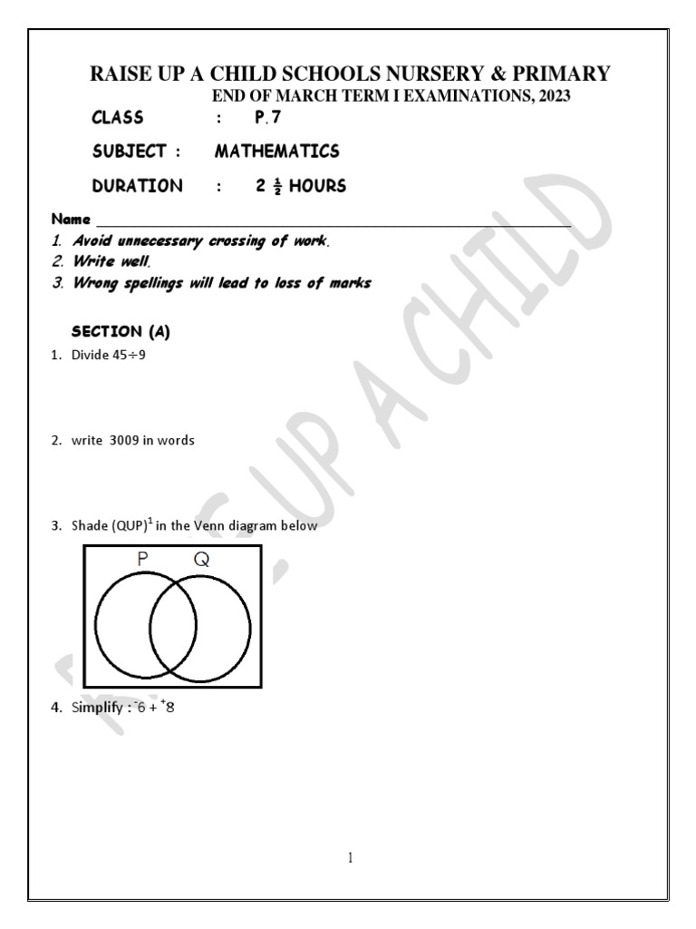 Raise Up A Child Schools Nursery & Primary 2023 Mathematics p.7 | PDF ...