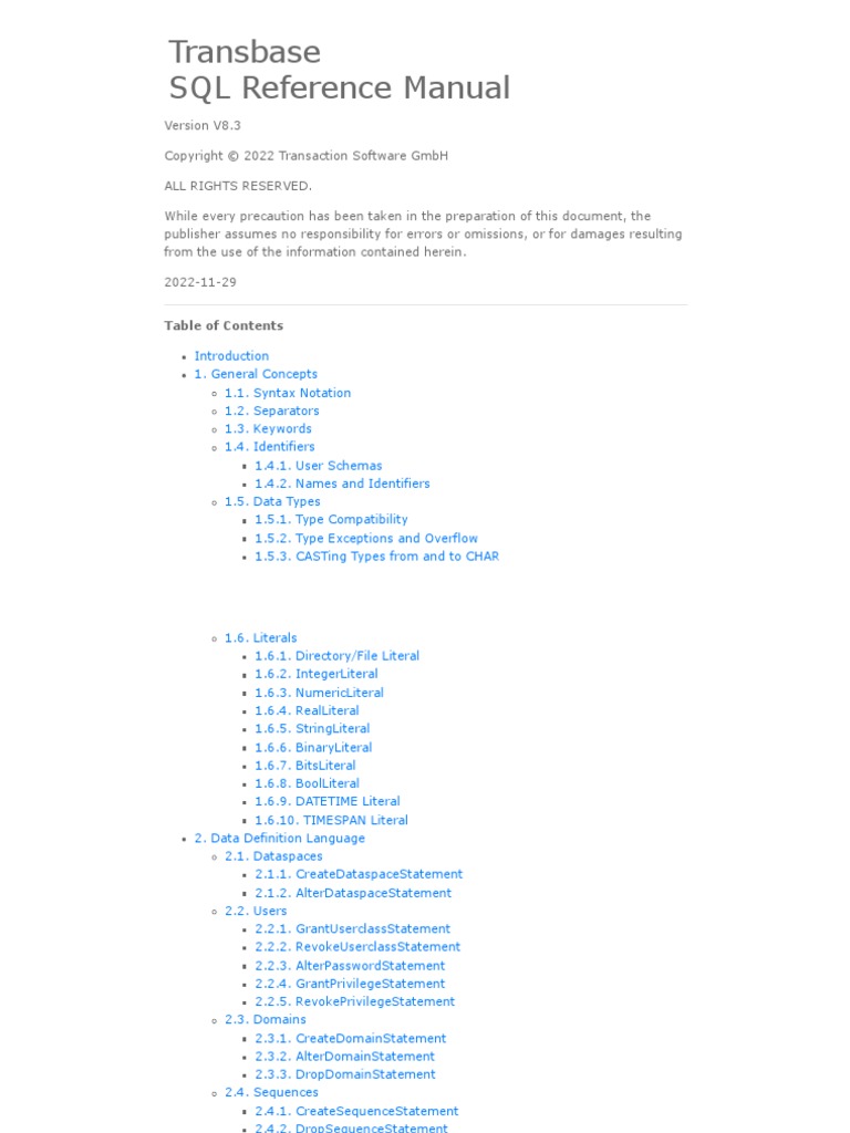 Transbase Sql Reference Manual Pdf Data Type Integer Computer Science