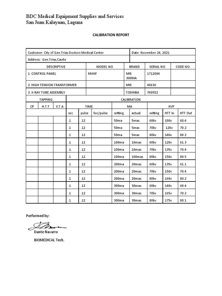 Calibration Report for X-Ray Equipment | PDF | Technology & Engineering