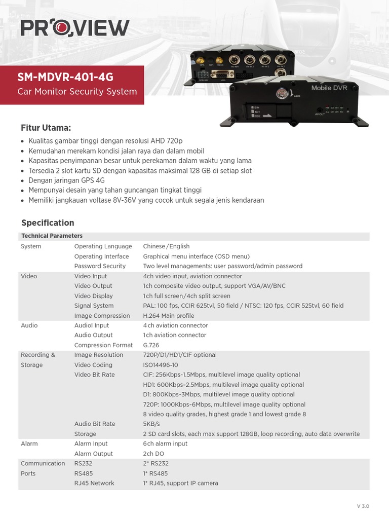 Proview-Datasheet_SM-MDVR-401-4G_IND | PDF | Video | Input/Output