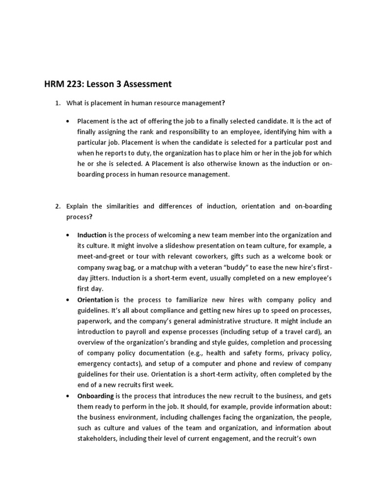 HRM 223: Placement and Onboarding Guide | PDF | Human Resource ...