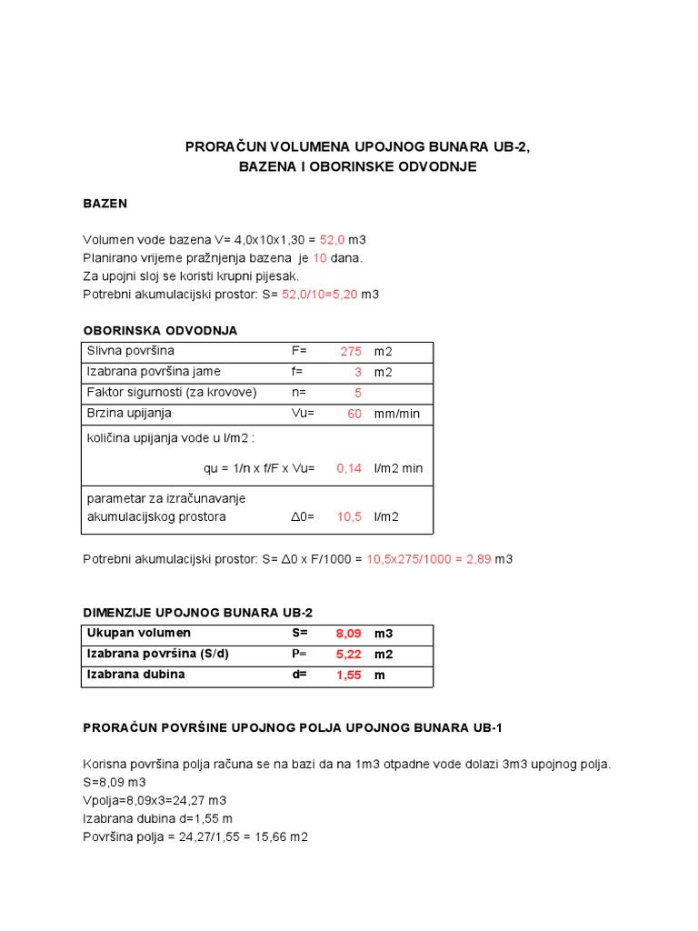 Proracun Upojnog Bunara Bazena I Oborinske Odvodnje | PDF