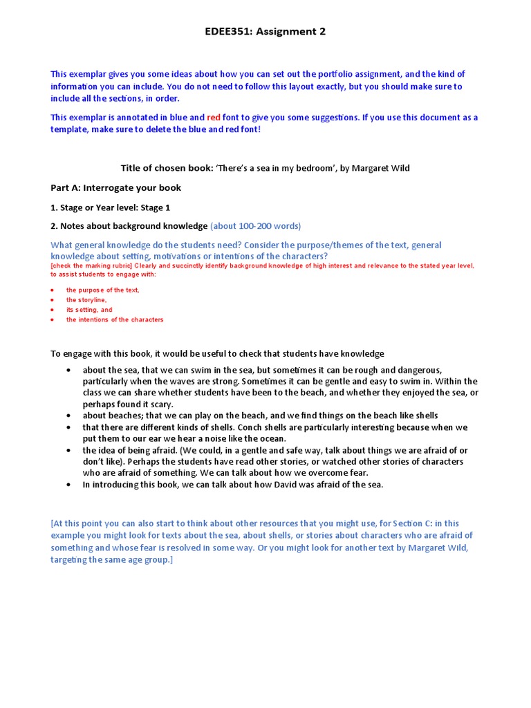 Exemplar Part A Assignment 2 EDEE351 Theres A Sea in My Bedroom | PDF ...