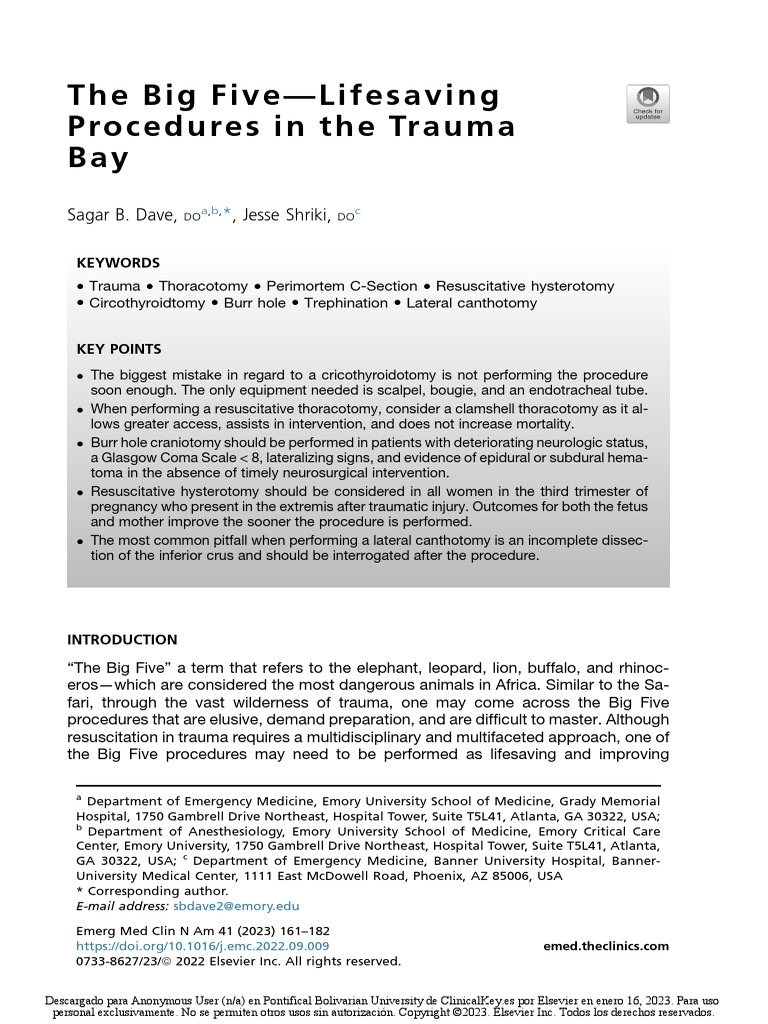 The Big Five-Lifesaving Procedures in The Trauma Bay | PDF ...