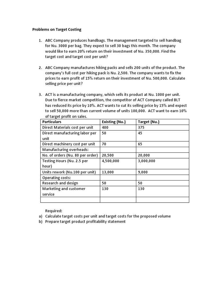 Problems on Target Costing | PDF | Profit (Economics) | Prices