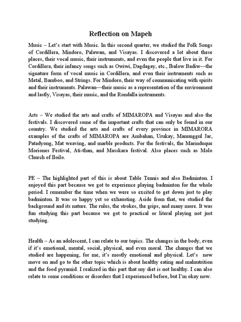 Reflection On Mapeh | PDF