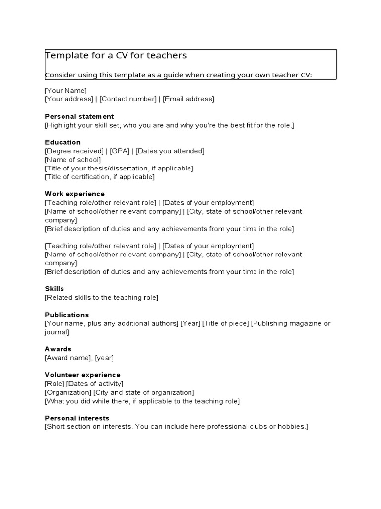 A Template For A Curriculum Vitae For Teachers | PDF