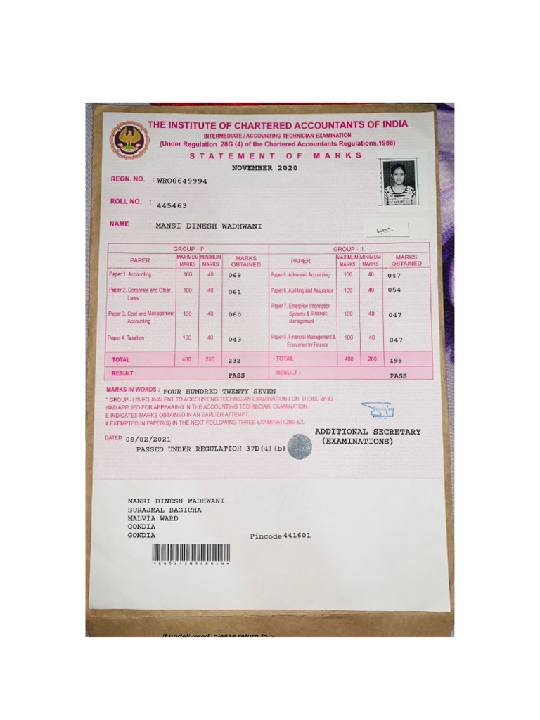 Inter Marksheet | PDF