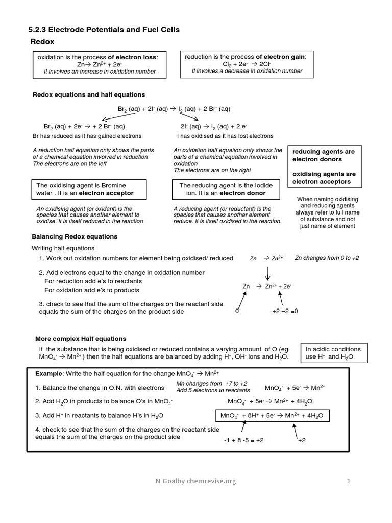 5 2 3 Revision Guide Redox and Electrode Potentials | PDF | Redox ...