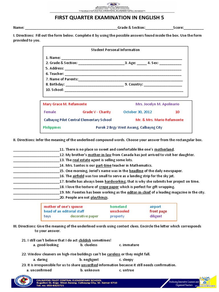 1st Quarter Exam in English 5 | PDF | Lunch