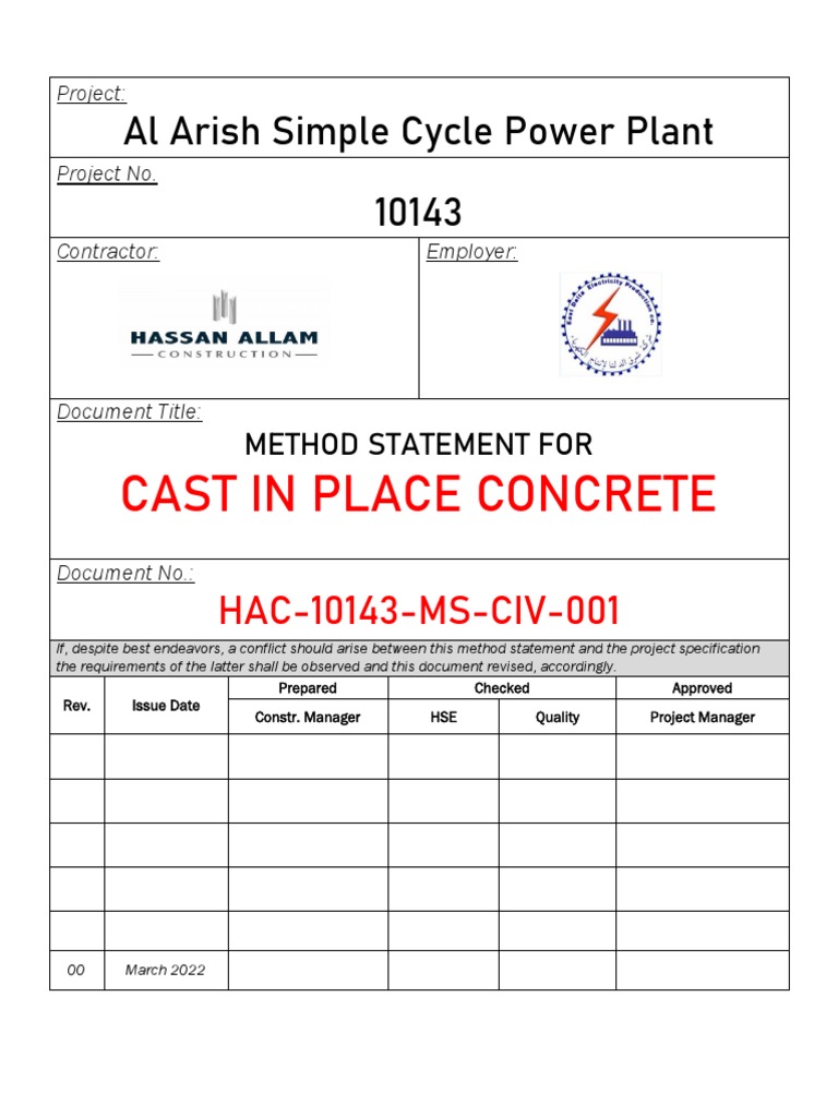 HAC-10143-MS-CIV-001-Method Statement For Cast in Place Concrete | PDF ...