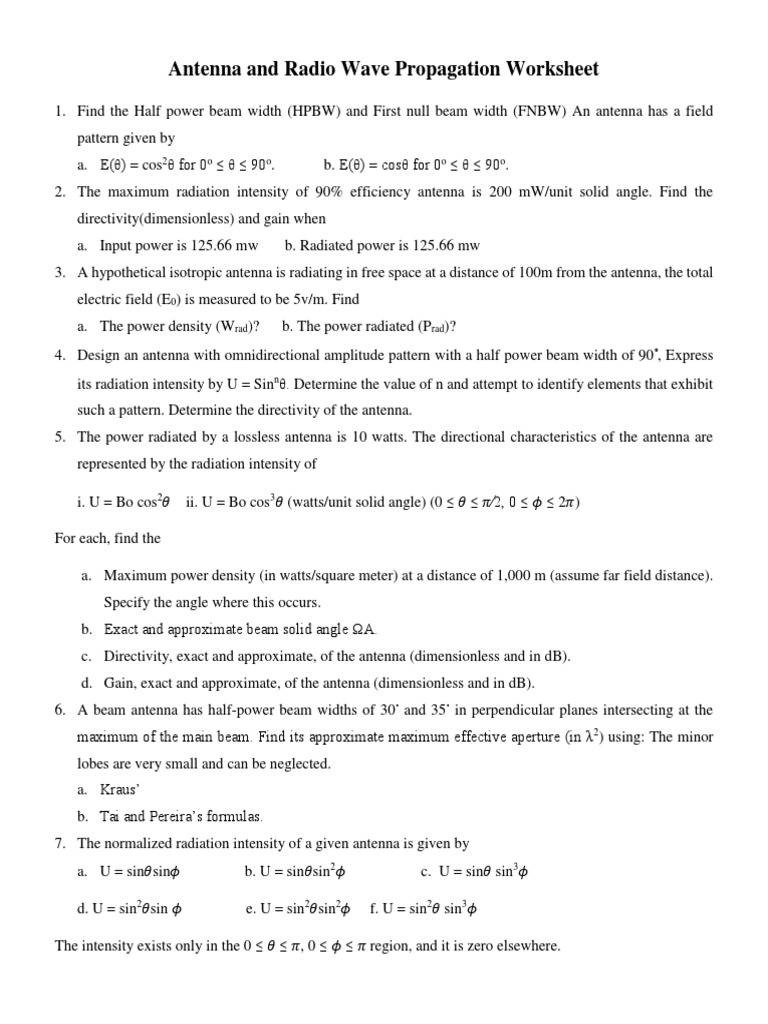 Worksheet of Antenna and Radio Wave Propagation | PDF | Antenna (Radio ...