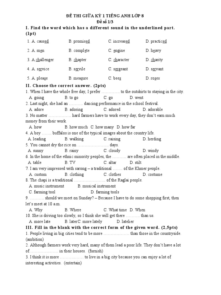 Đề Thi Giữa Kỳ 1 Tiếng Anh Lớp 8 | PDF | Foreign Language Studies | Home & Garden