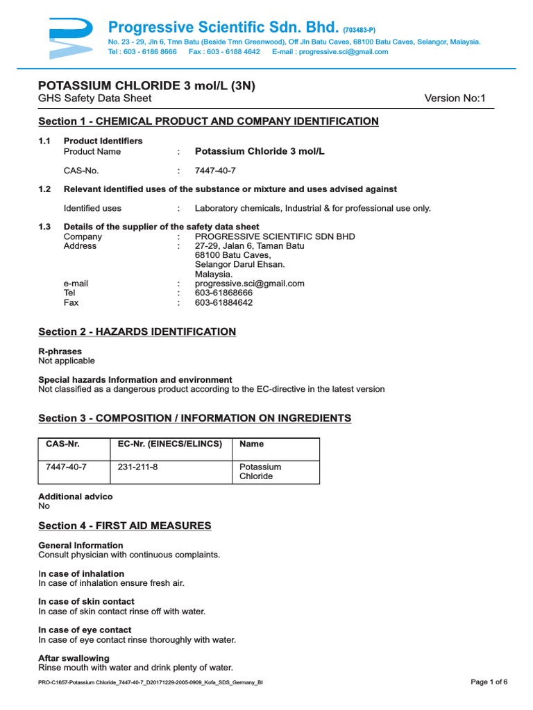 PRO-C1657-Potassium Chloride-SDS | PDF | Fires | Water