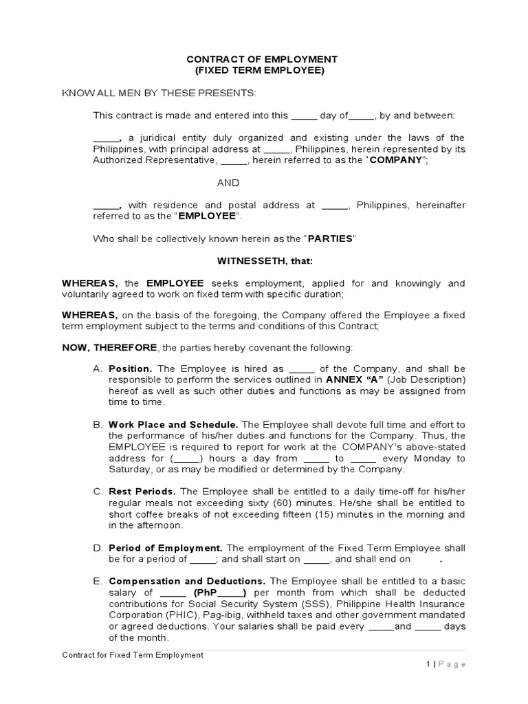 CONTRACT OF EMPLOYMENT- Fixed term (FINAL) | PDF | Employment | Trade ...