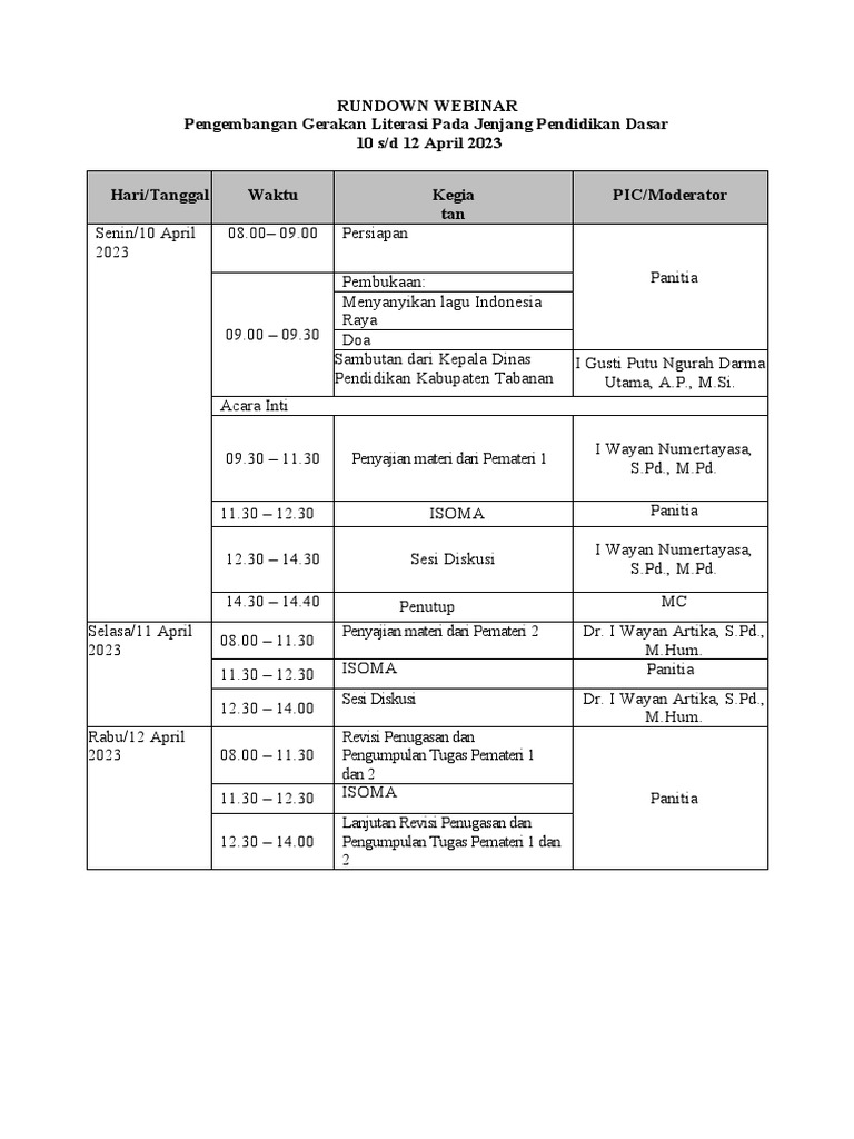 Rundown Acara Webinar Literasi | PDF