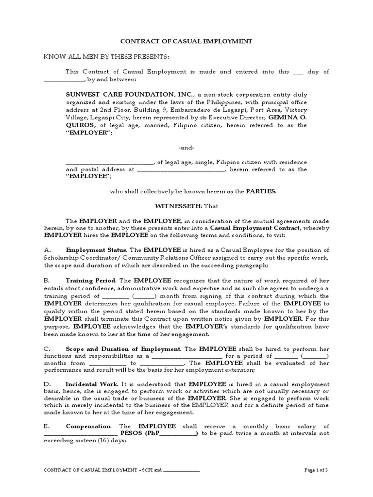 CONTRACT OF CASUAL EMPLOYMENT - Format | PDF | Employment | Salary