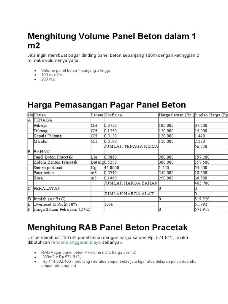 Menghitung Volume Panel Beton Dalam 1 m2 | PDF