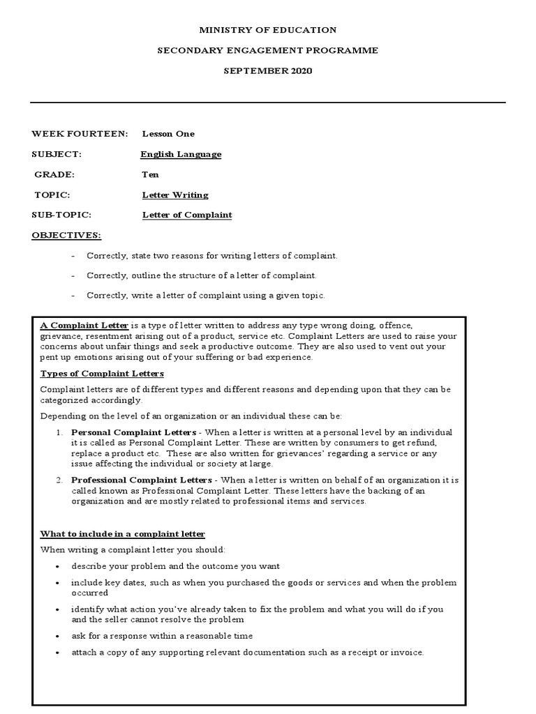 Grade 10 English Language Week 14 Lesson 1 Letter of Complaint | PDF