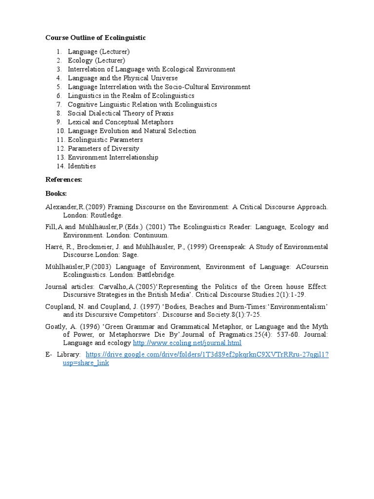 Course Outline of Ecolinguistic | PDF | Discourse | Linguistics