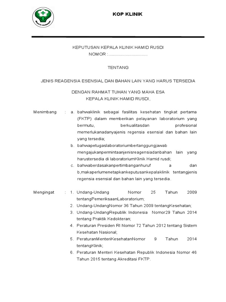 SK Jenis Reagensia Esensial Dan Bahan Lain Yang Harus Tersedia | PDF