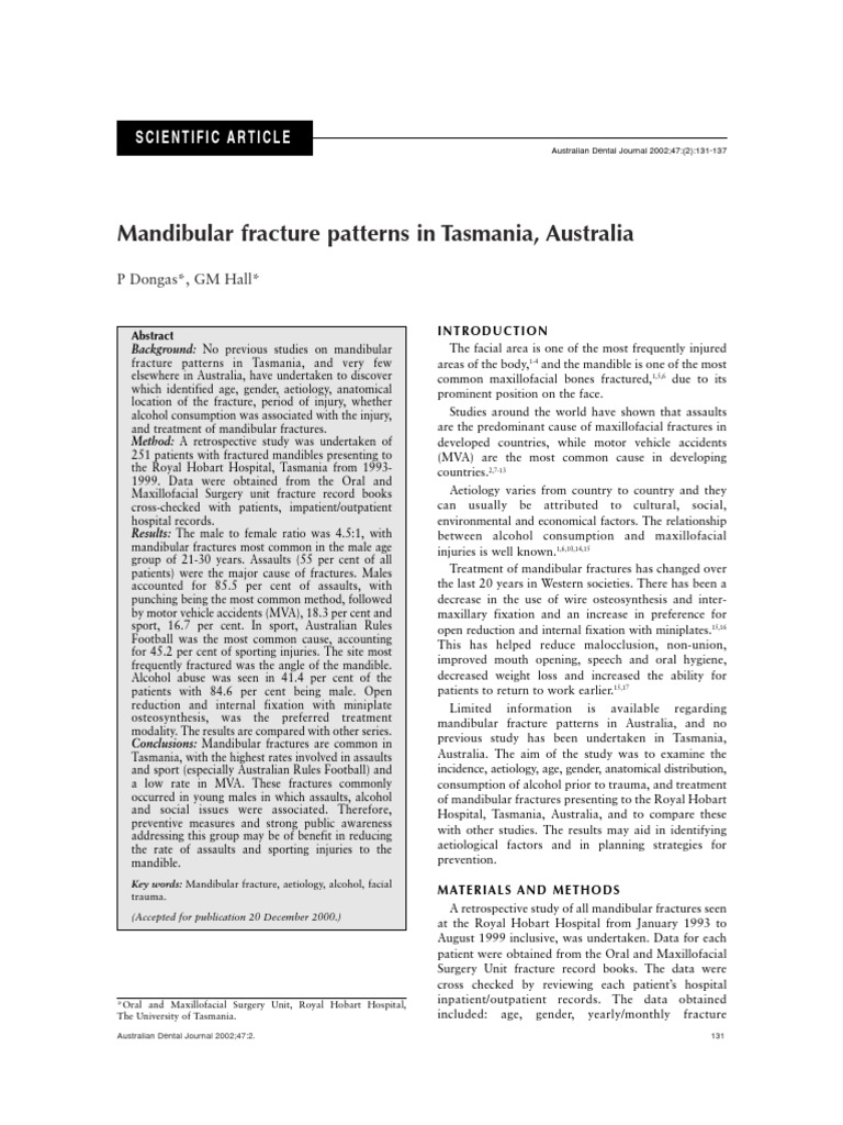 Mandibular Fracture Patterns in Tasmania, AUs | PDF | Oral And ...