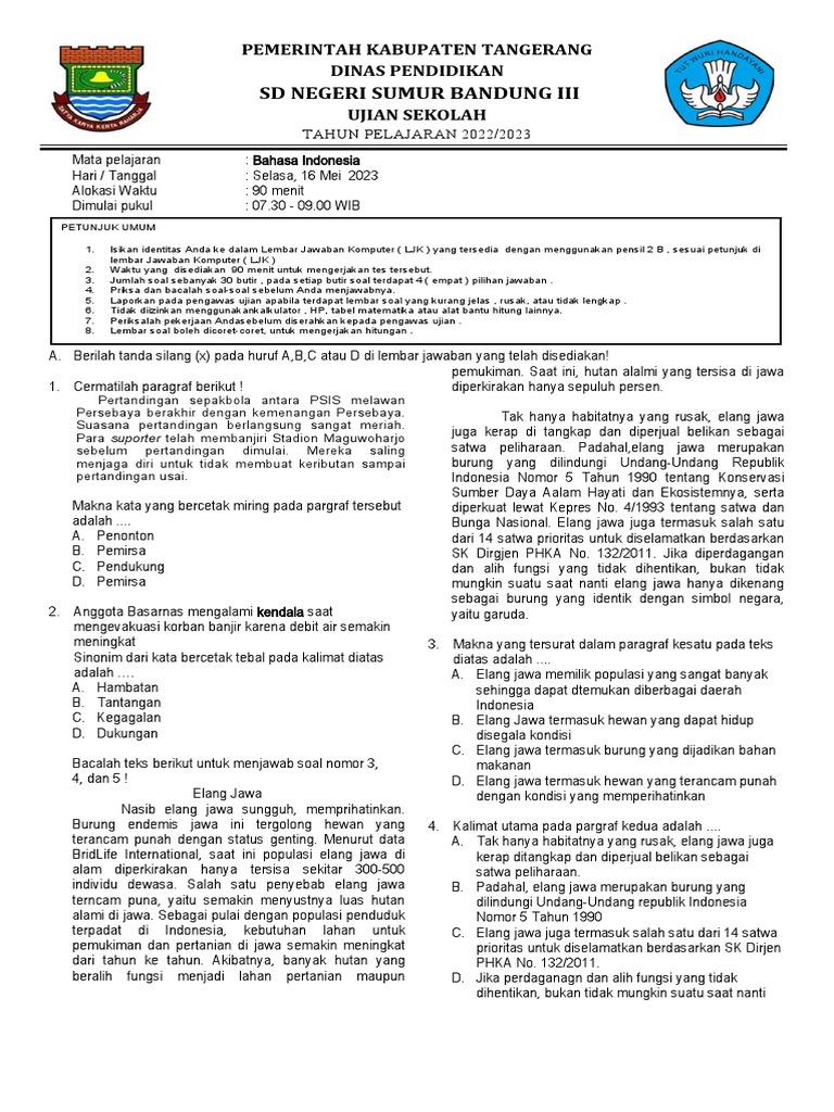 Soal Us BHS Indonesia 2023 | PDF