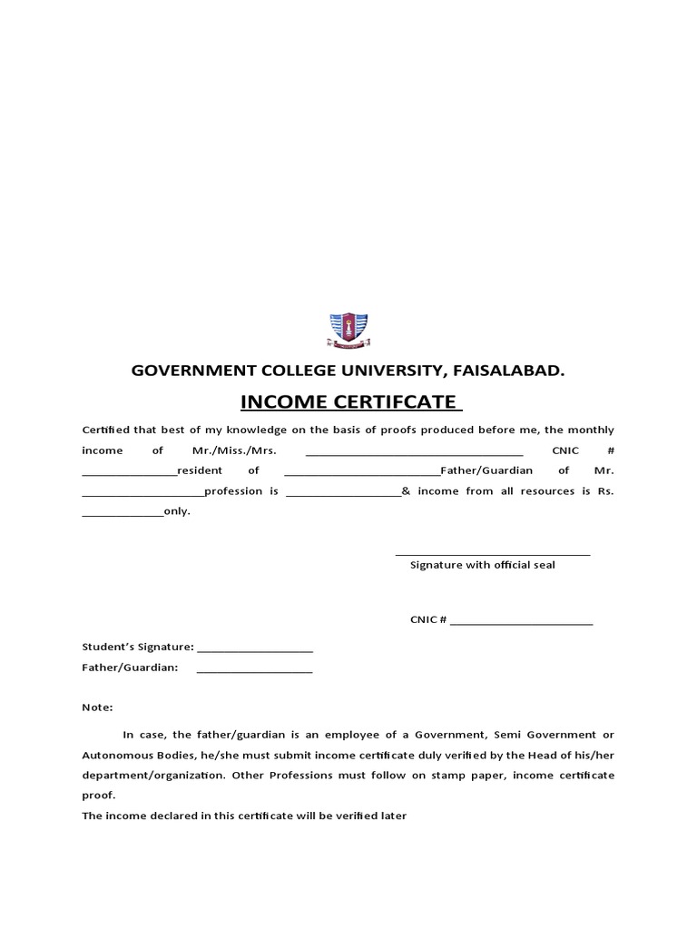 Income Certificate Specimen | PDF