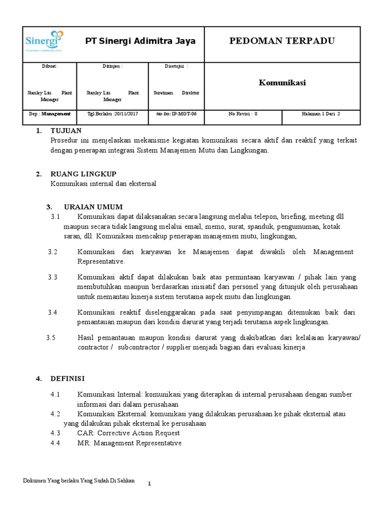 Prosedur Komunikasi PT Sinergi Adimitra | PDF
