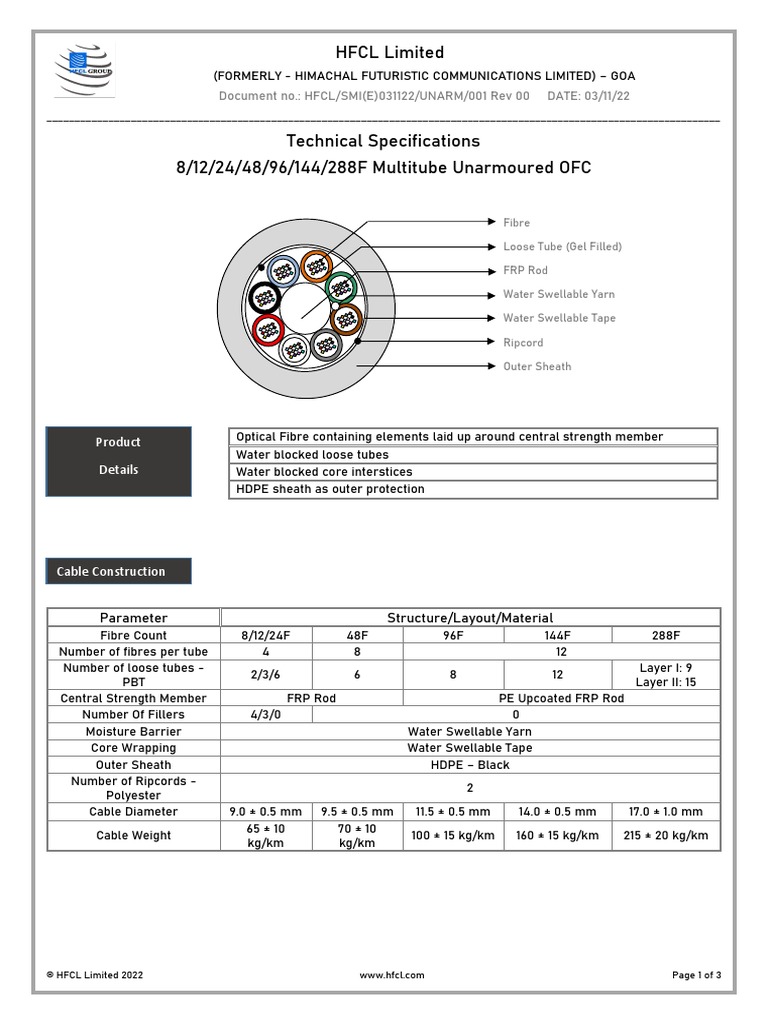 HFCL Multitube Unarmoured OFC Specs | PDF | Optical Fiber | Fibre ...