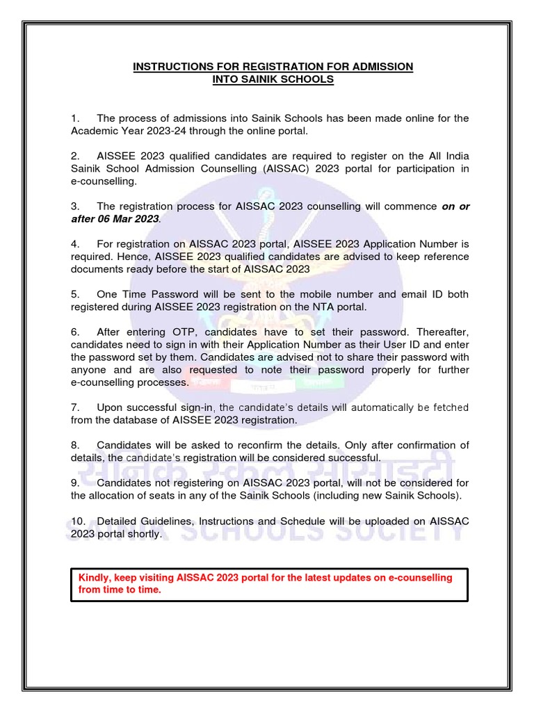Sainik Schools Admission Registration Guide | PDF
