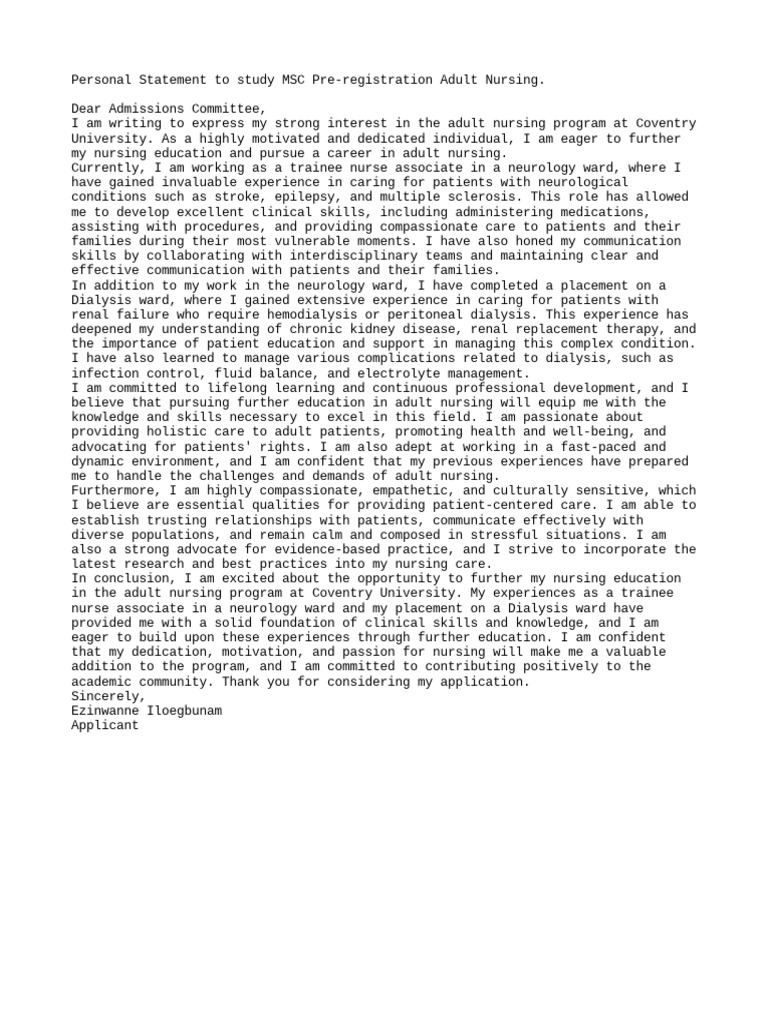 Personal Statement To Study Adult Nursing | PDF | Nursing | Social Programs