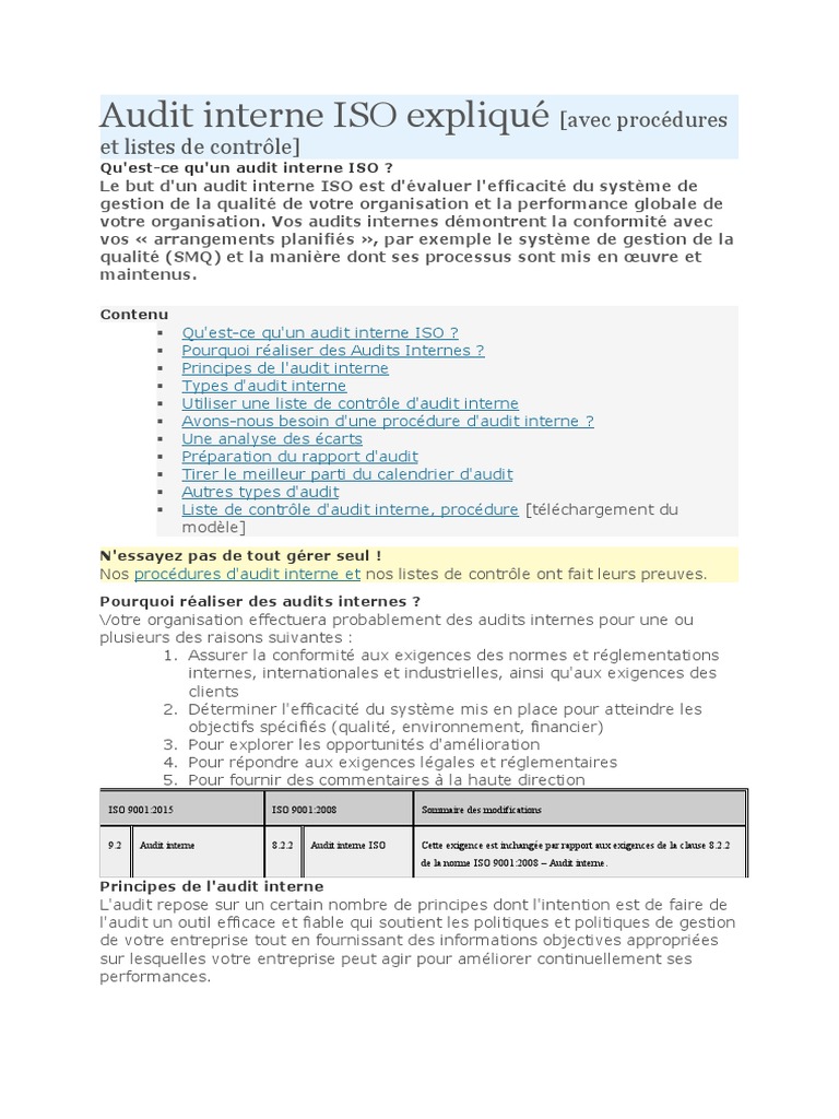 Audit interne ISO : Guide et procédures | PDF | Audit | Système de management de la qualité