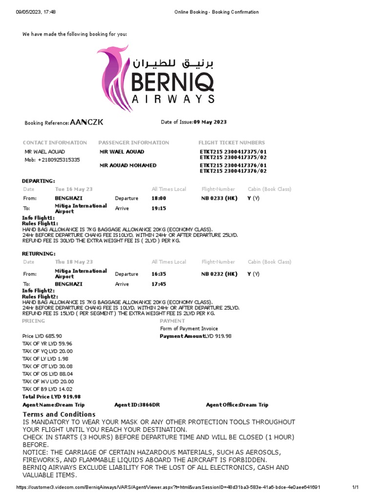 Berniq Airways Booking Confirmation | PDF | Civil Aviation | Transport
