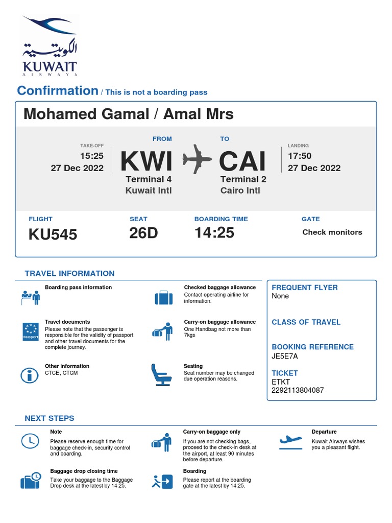 Your Boarding Pass To Cairo KUWAIT AIRWAYS | PDF | Aviation | Transport