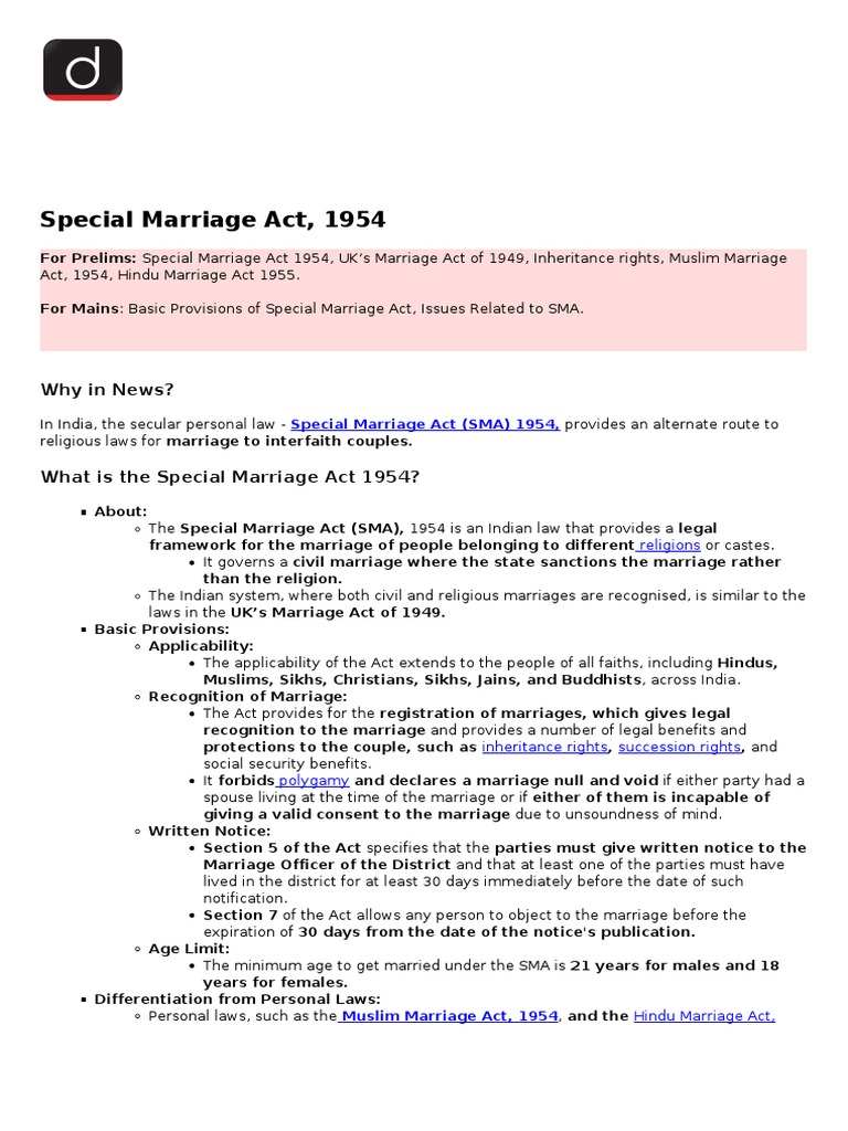 Special Marriage Act, 1954: Why in News? | PDF | Marriage | Justice