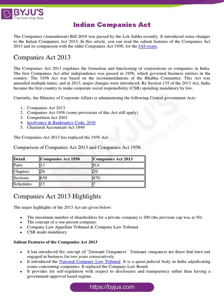 Overview of Companies Act 2013 | PDF | Limited Company | Corporate Law