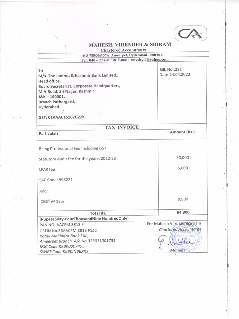 Statutory Audit Fee J&K Bank 24.04.2023 | PDF