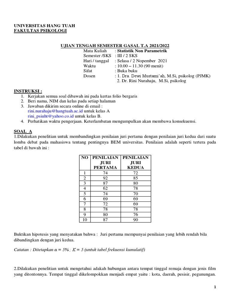 Soal Uts Statistik Non Parametrik 2021 | PDF