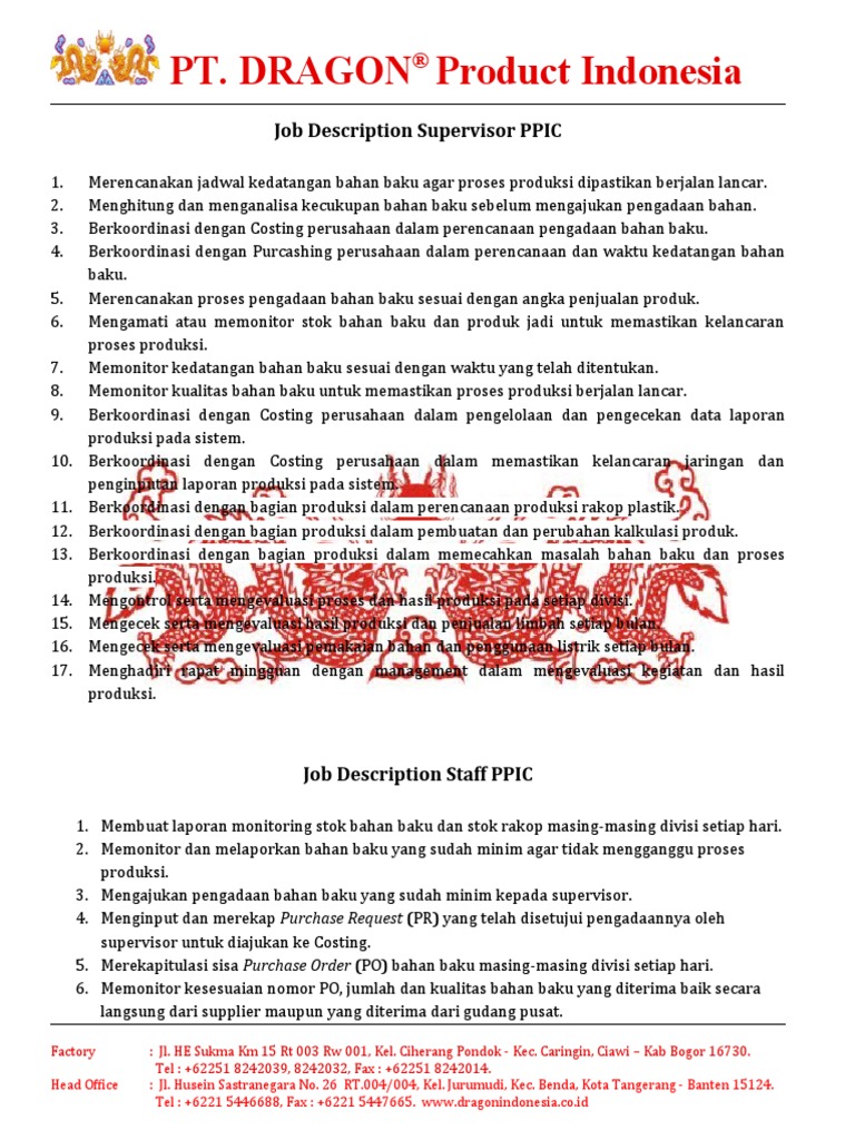 Job Desc Ppic New | PDF | Bisnis