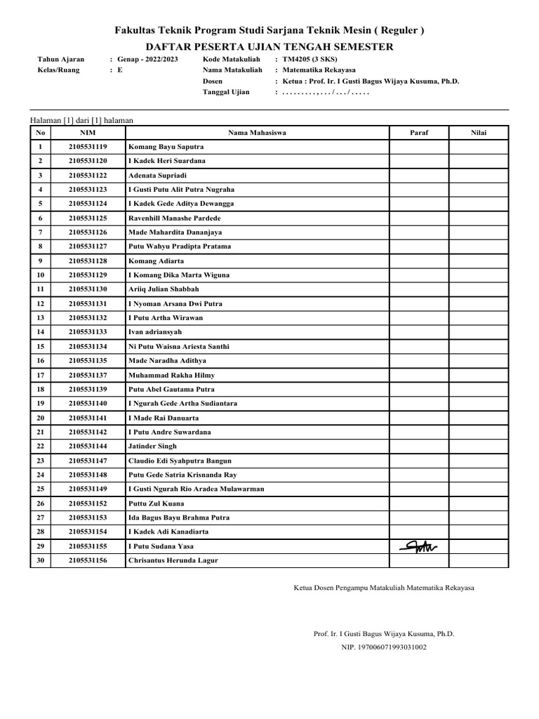 Absensi UTS Matematika Rekayasa | PDF
