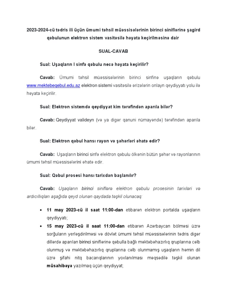 Sual-Cavab - Yeni - I - Sinfe - Qebul - 2023-2024 | PDF