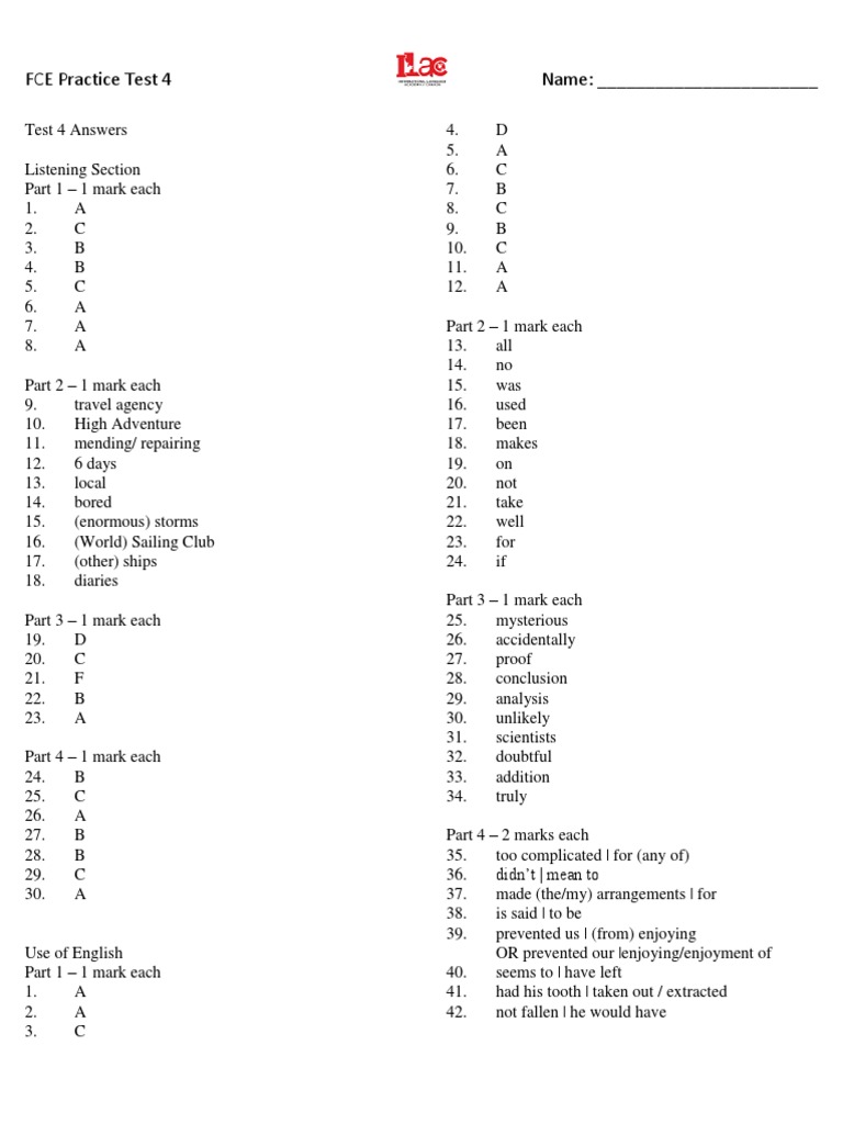FCE Practice Test 4 Answer Key | PDF
